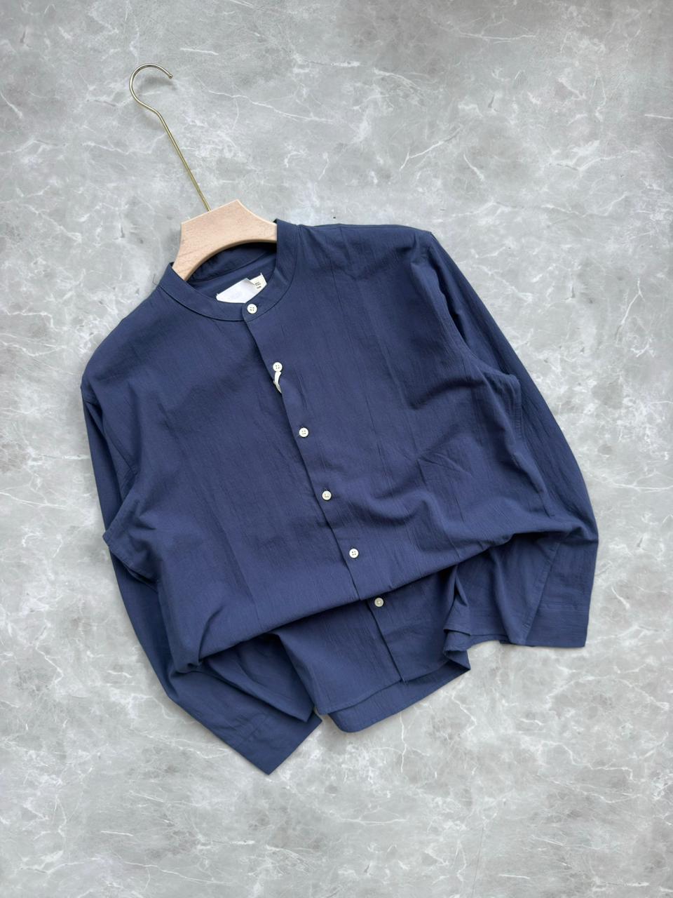 BLUE LINEN CRUSHED MANDRIAN COLLAR SHIRT – Mann Clothing